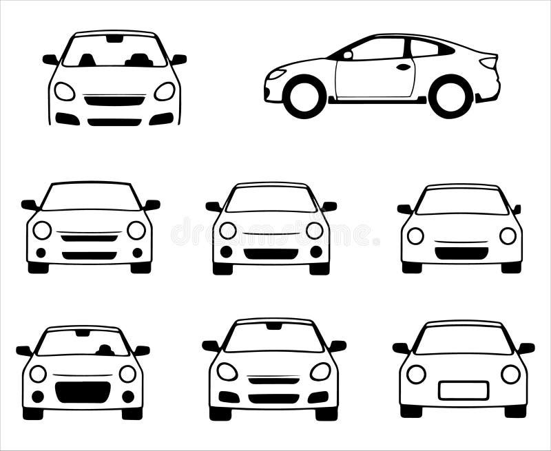 Various Car Front and Side Views in Outline Style Stock Illustration ...