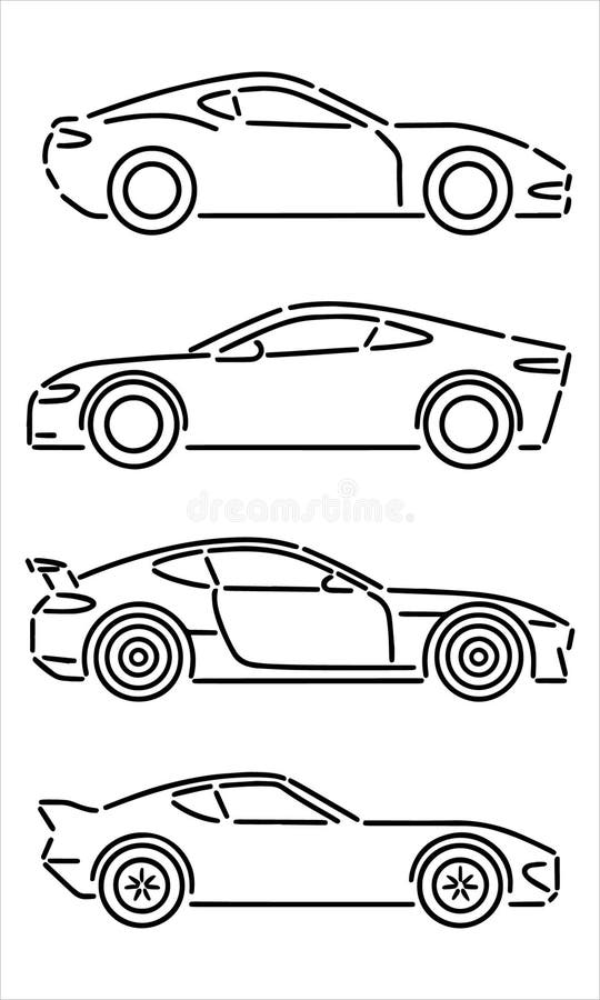 Various Car Front and Side Views in Outline Style Stock Illustration ...