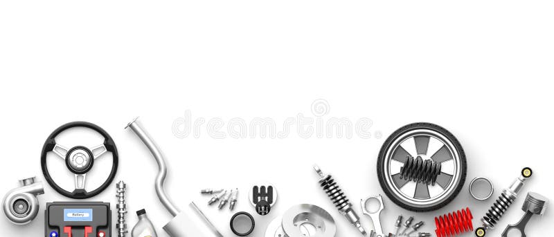 Various Car Parts and Accessories on White Background. 3d Illustration ...