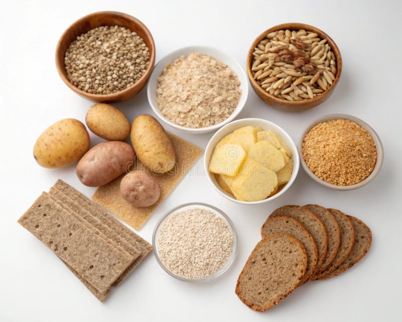 Various Carbohydrate-rich Foods Including Grains, Bread, and Potatoes ...