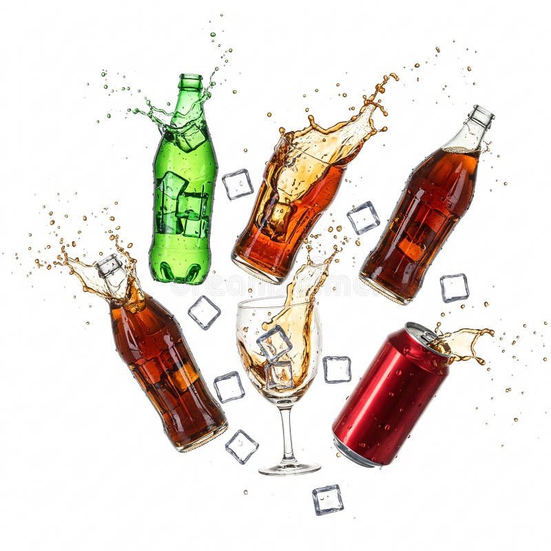 Various Carbonated Drinks Dynamically Falling and Spilling, Creating ...