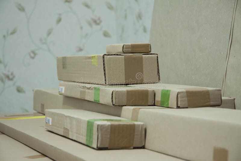 Various Cardboard Boxes with Labels Packed for Shipment. Stock Image ...