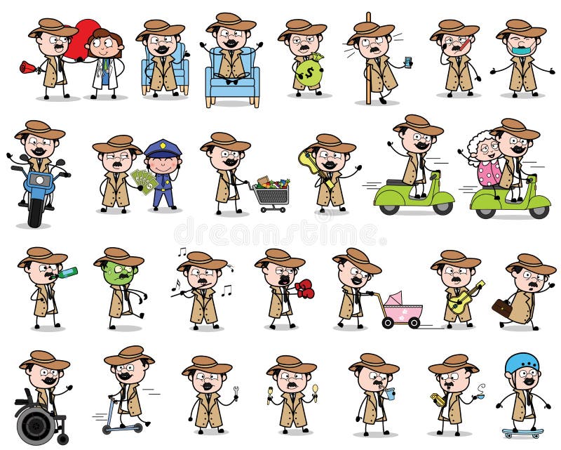 Various Cartoon Detective Agent Character - Set of Concepts Vector ...