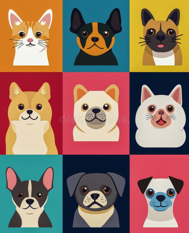 Colorful Collection of Cartoon Dog Portraits in Vibrant Square ...