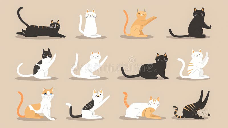 Various Cats in Playful Poses on a Beige Background Stock Illustration ...