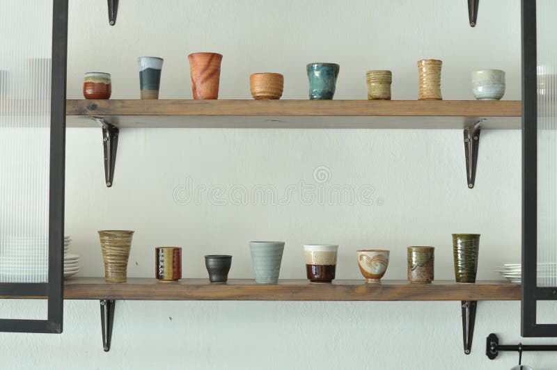 Various Ceramic Japanese Style Teacup on Shelf Stock Photo - Image of ...
