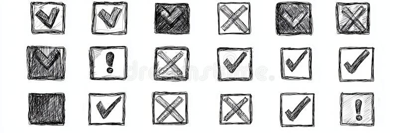 Various Charcoal Check Marks and Crosses in Oval or Square Frames ...