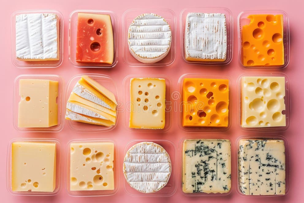 Various Cheeses Displayed in Plastic Containers on a Pink Background ...