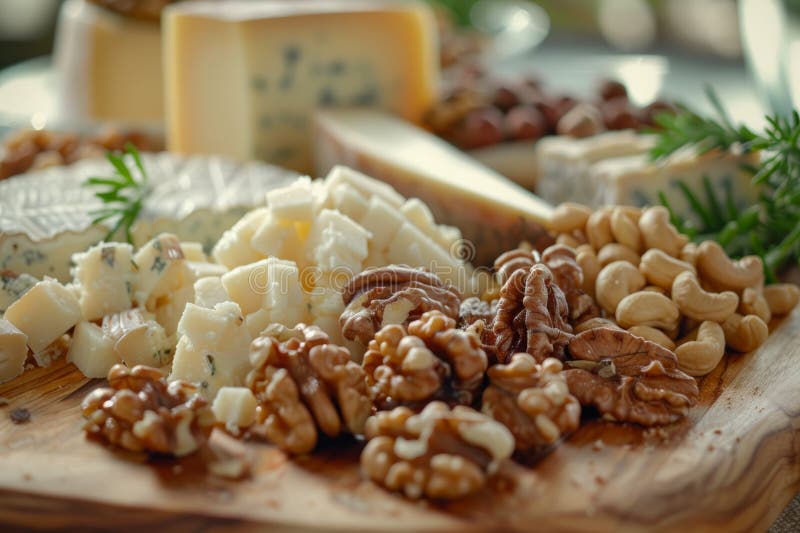 Various Cheeses and Nuts Displayed on a Wooden Cutting Board Stock ...