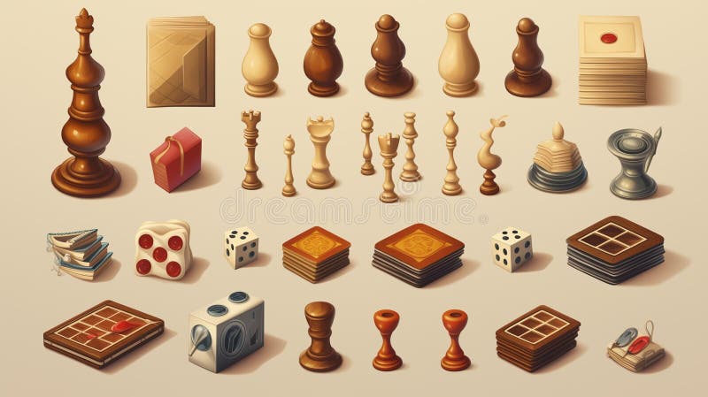 Various Chess and Board Game Pieces Arranged in an Organized Layout on ...