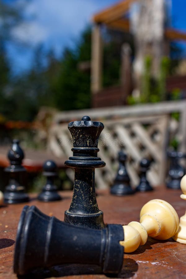 Chess Pieces on a Picnic Table Stock Image - Image of classic, gameplan ...