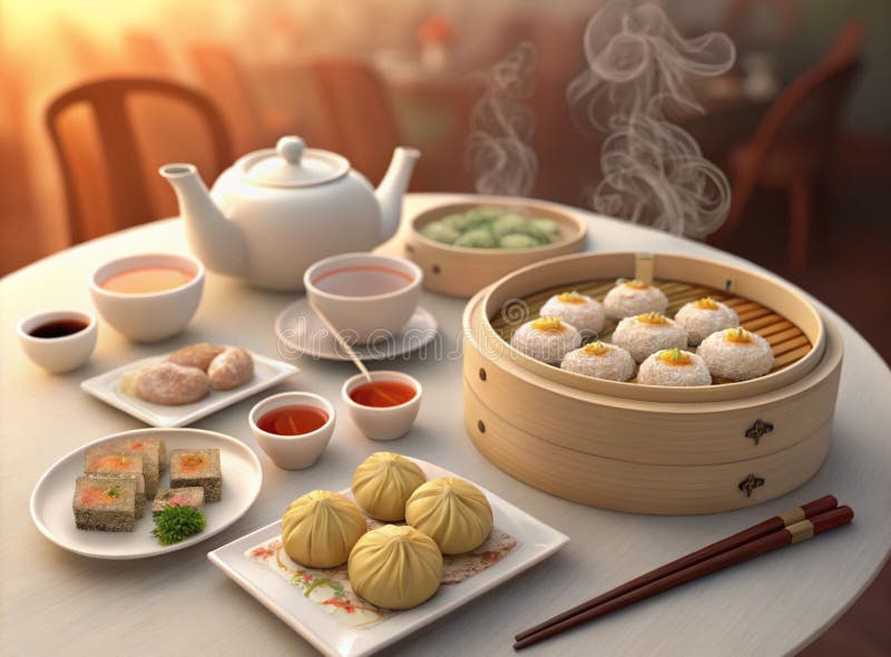 Various Chinese Food Set and Tea on Black Table, High Angle Blurred ...