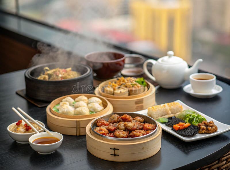 Various Chinese Food Set and Tea on Black Table, High Angle Blurred ...