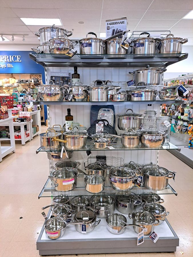 Various Chrome Pots on a Store Counter Editorial Stock Image - Image of ...