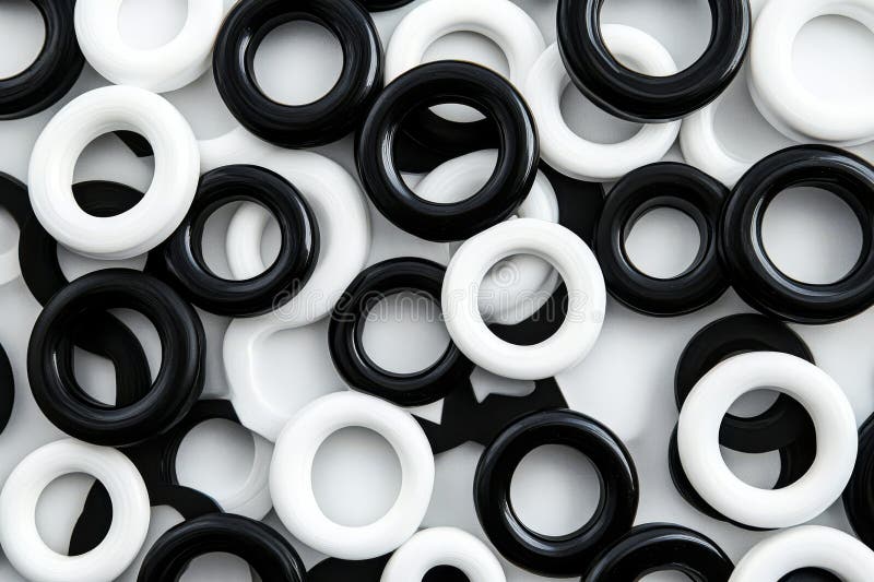 Collection of Circular Black and White Rings Scattered Across Flat ...