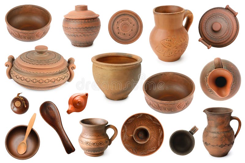 Various Clay Dishes from Different Angles Isolated on White Stock Image ...