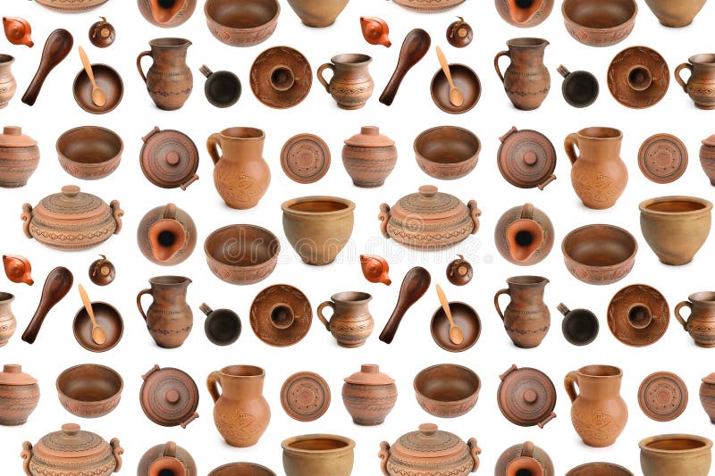 Various Clay Dishes from Different Angles Isolated on White. Seamless ...