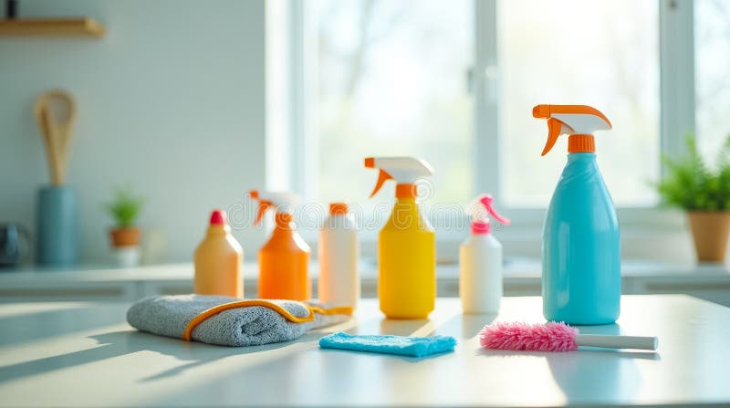 Various Cleaning Products and Tools are Organized on a Bright Kitchen ...
