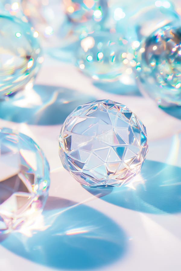 Various Clear Crystal Spheres are Scattered Across a Light Blue Surface ...