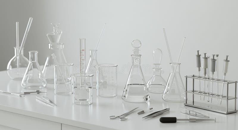 Assorted Laboratory Glassware and Instruments on a White Surface for ...