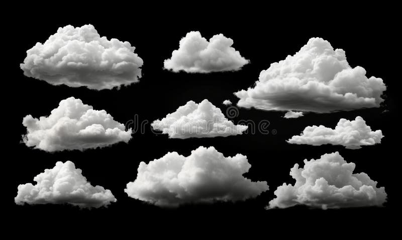 Various Cloud Shapes and Textures on Black Background for Design Use ...