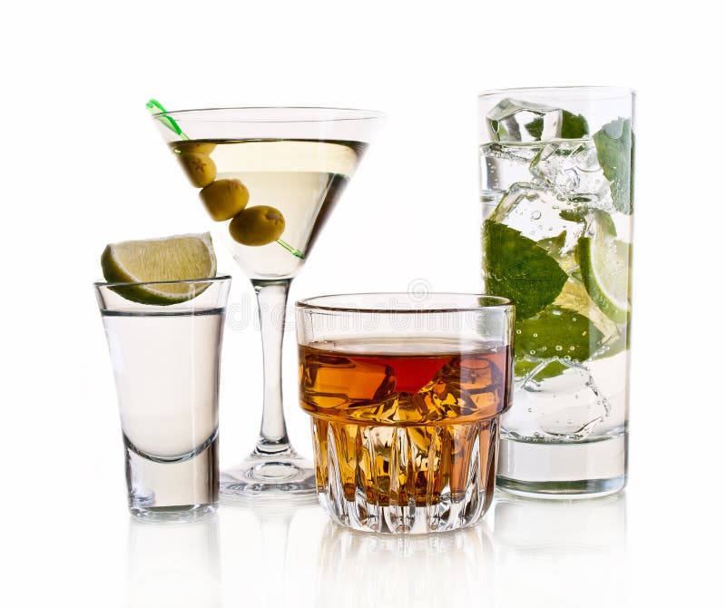 Various Cocktails and Alcohol on White Background Stock Photo - Image ...