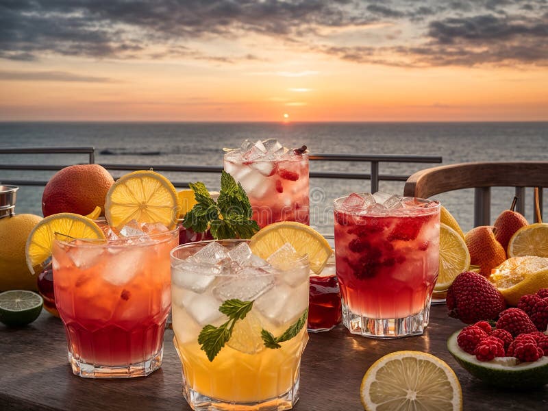 Various Cocktails, Sea View, Sunset Juice Glasses Stock Illustration ...