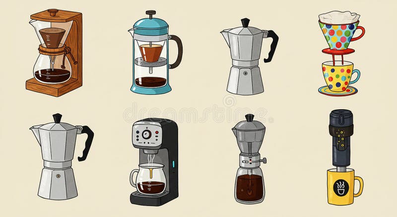 Various Coffee-making Devices are Illustrated, Each Representing a ...