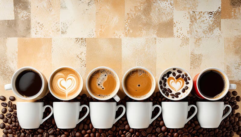 Various Coffee Mugs Aligned with Different Types of Coffee and Beans on ...