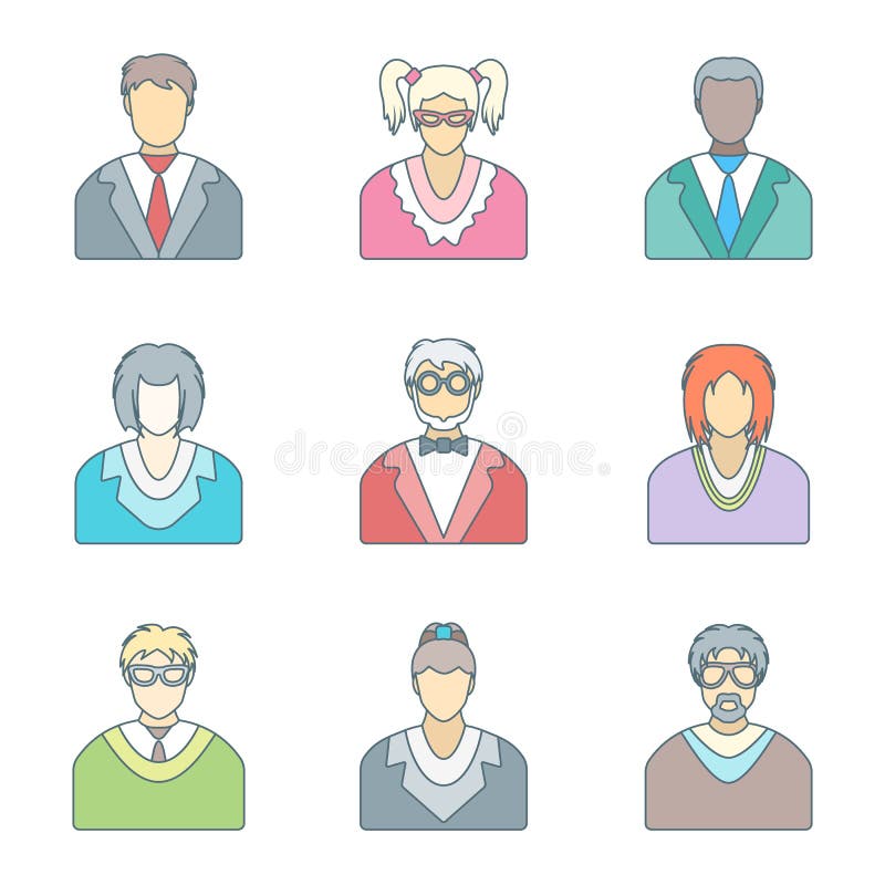 Various Color Outline People in Glasses Icons Set Stock Vector ...