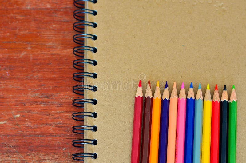 Various Color Pencils and Note Book Stock Image - Image of supply ...