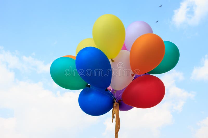 Various Colored Balloons Float in the Sky. Stock Image - Image of ...