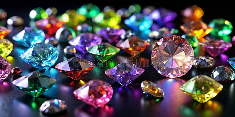 Various Colored Diamonds Scattered on a Black Background Showcasing a ...