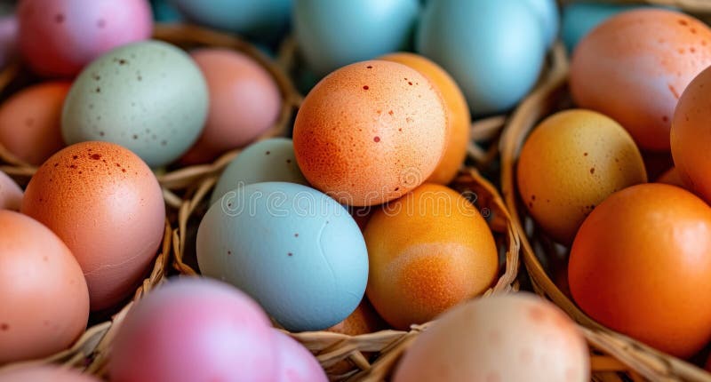 Various Colored Eggs are Stacked in Baskets Stock Image - Image of nest ...