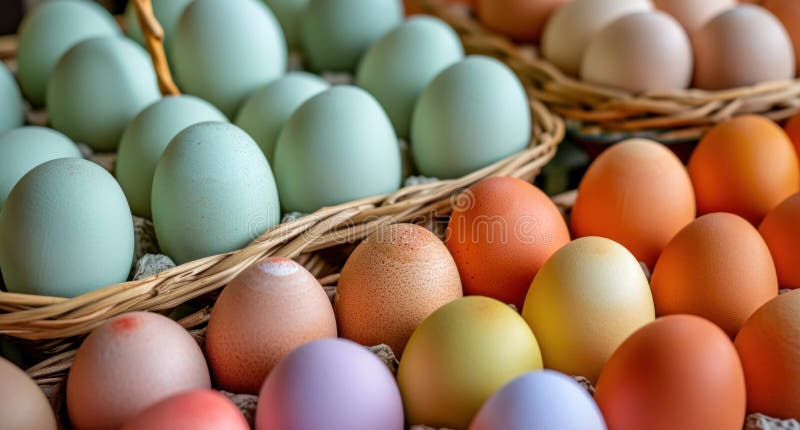 Various Colored Eggs are Stacked in Baskets Stock Image - Image of ...