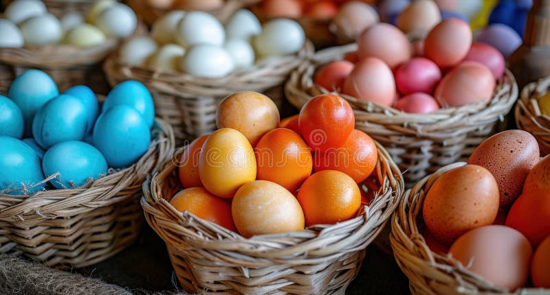 Various Colored Eggs are Stacked in Baskets Stock Illustration ...