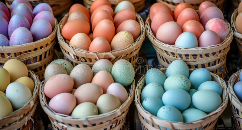 Various Colored Eggs are Stacked in Baskets Stock Illustration ...