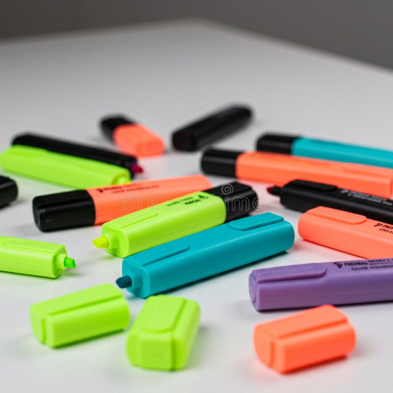 Various Colored Highlighters are Scattered on a White Surface. the ...