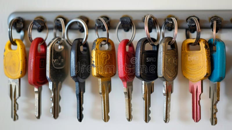 Various Colored Keys Hanging on a Key Rack Against a White Background ...