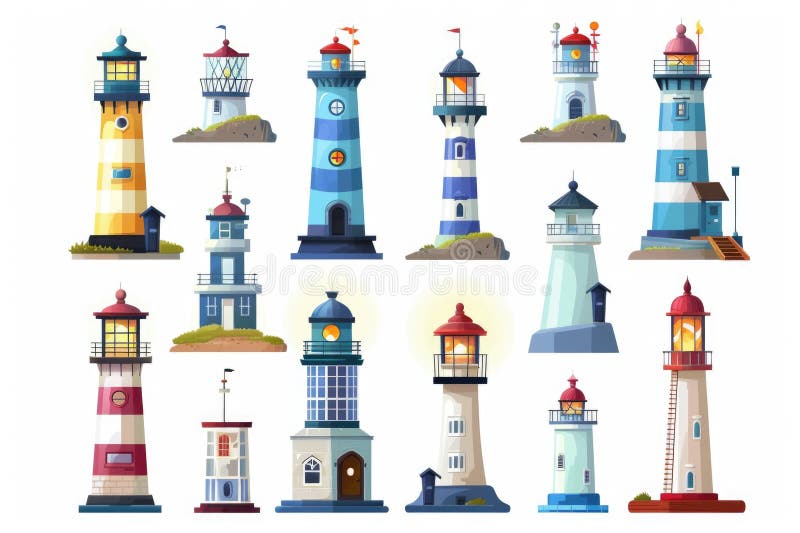 Various Colored Lighthouses on a Clean White Backdrop. Ideal for ...