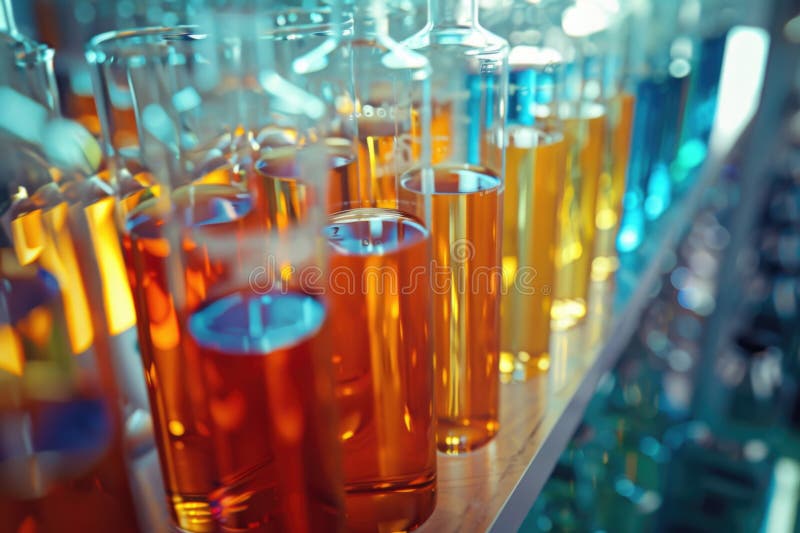 Various Colored Liquids on a Shelf, Suitable for Science or Laboratory ...