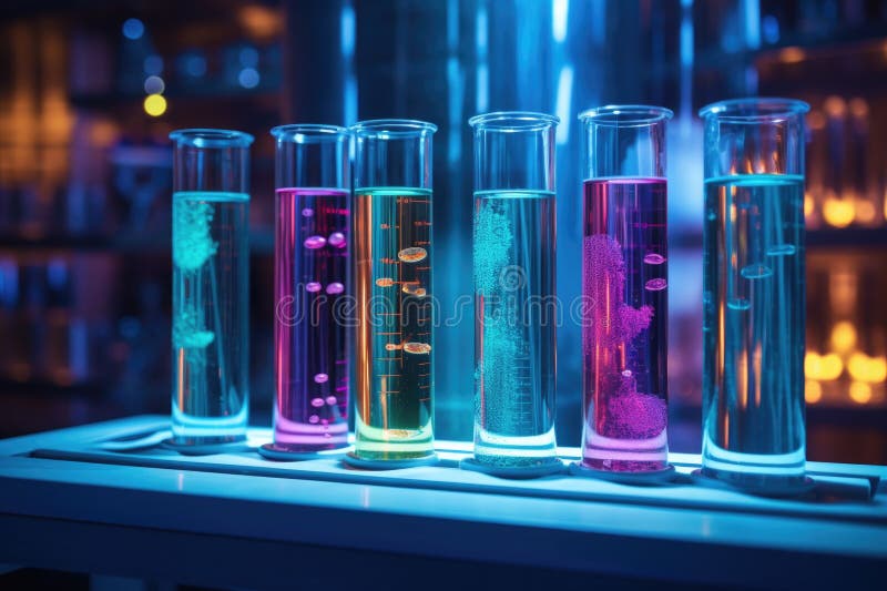Various Colored Liquids in Test Tubes on Illuminated Laboratory ...