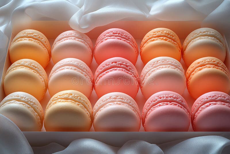 Various Colored Macarons in Box with Soft Lighting. Top View. Image is ...