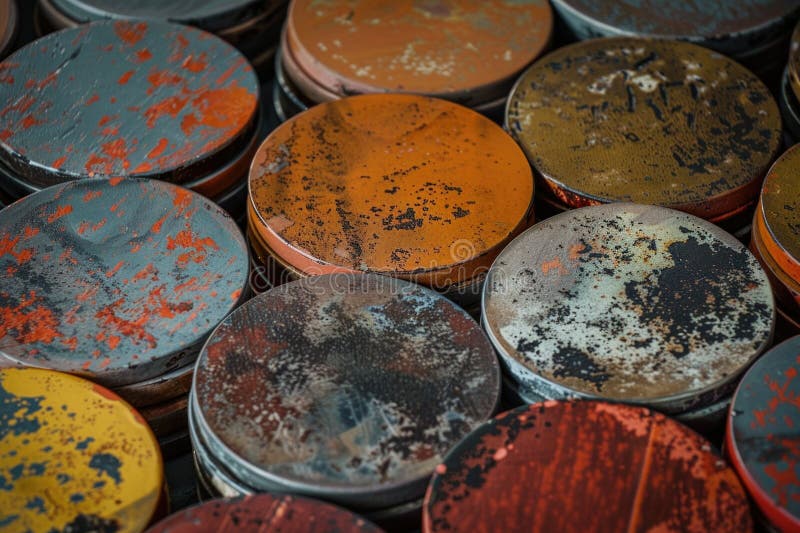 Various Colored Metal Containers Stacked on Top of Each Other. Suitable ...