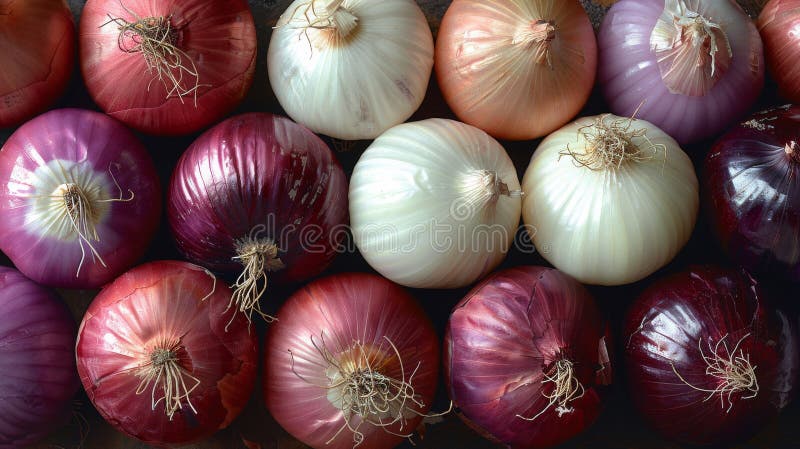 Various Colored Onions Arranged in Rows, Top View. Fresh Produce and ...