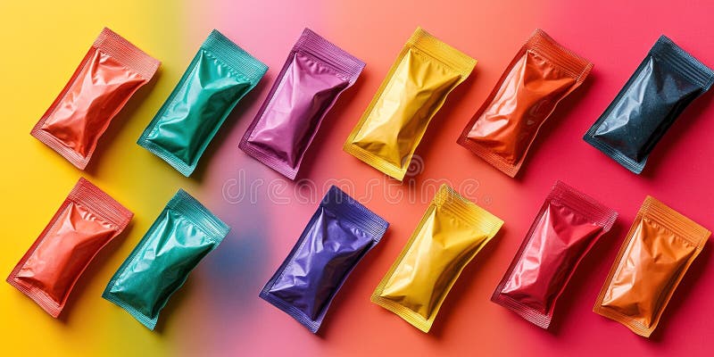 Various Colored Packets Arranged in a Symmetrical Pattern on a Bright ...