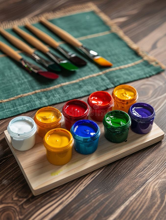 Various Colored Paint Jars and Brushes on a Table Stock Photo - Image ...