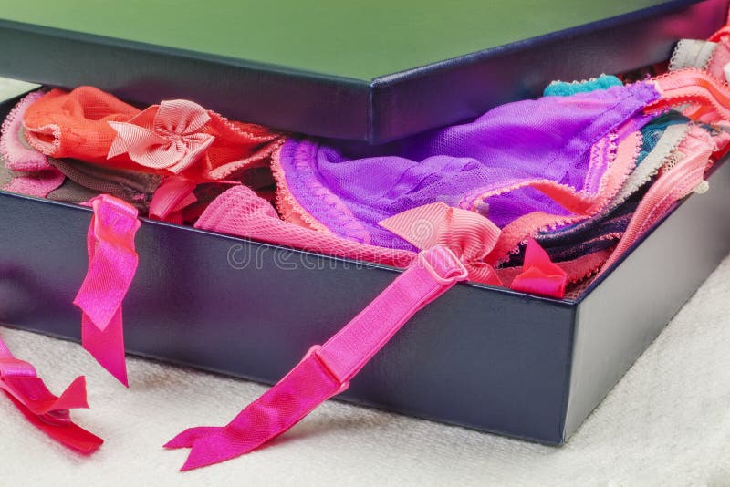 Various Colored Soft Bras in Blue Box Stock Photo - Image of classic ...