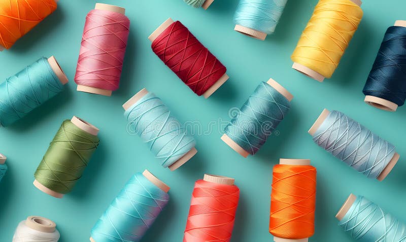 Various Colored Spools of Thread on a Blue Background Stock Image ...