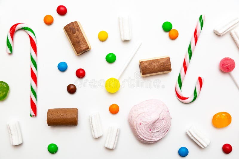Various Colored Sweets on a White Background. Lollipops, Caramel, Candy ...